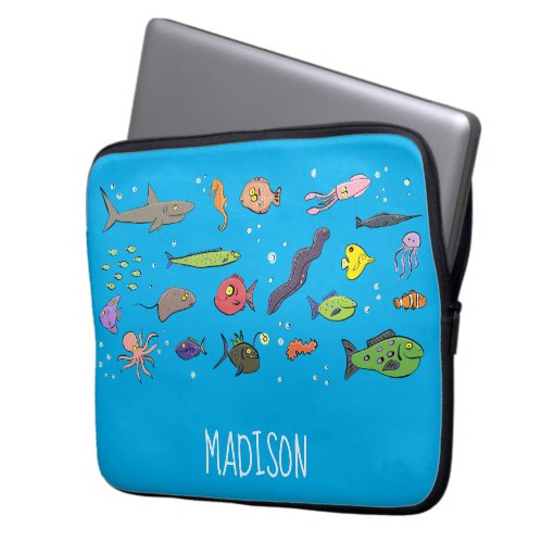 Funny sea creatures cartoon illustration pattern laptop sleeve | Zazzle
