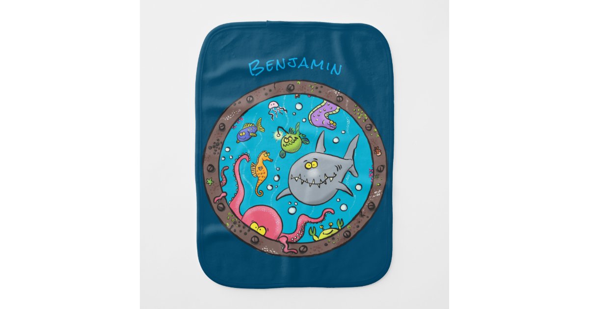 Funny sea creatures underwater cartoon drawing baby burp cloth | Zazzle