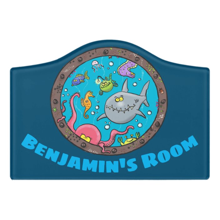 Funny sea creatures underwater cartoon drawing door sign | Zazzle.com