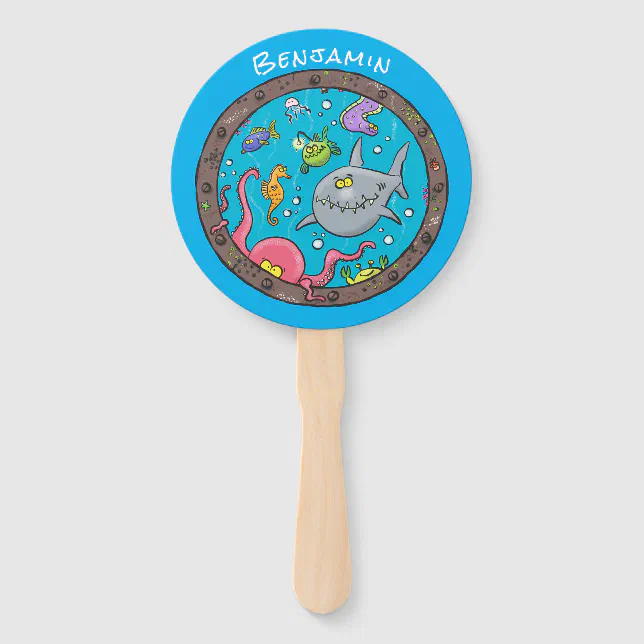 Funny sea creatures underwater cartoon drawing hand fan | Zazzle