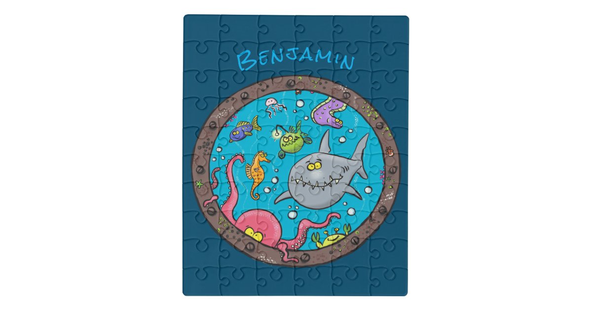 Funny sea creatures underwater cartoon drawing jigsaw puzzle | Zazzle