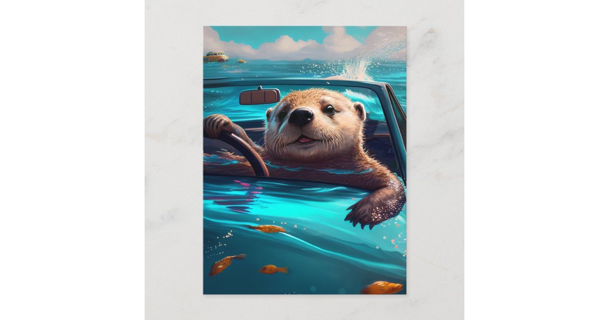 Funny Sea Otter Driving on Water Postcard | Zazzle
