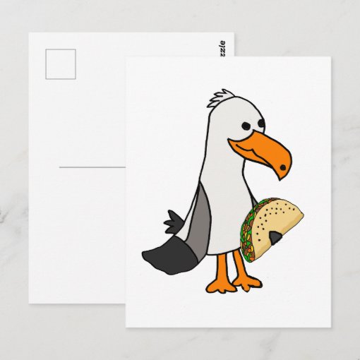 Funny Seagull Bird eating Taco Cartoon Postcard | Zazzle