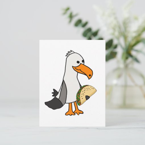 Funny Seagull Bird eating Taco Cartoon Postcard | Zazzle
