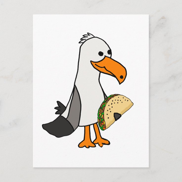 Funny Seagull Bird eating Taco Cartoon Postcard | Zazzle