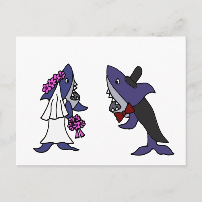 Funny Shark Bride and Groom Wedding Cartoon Postcard | Zazzle.com