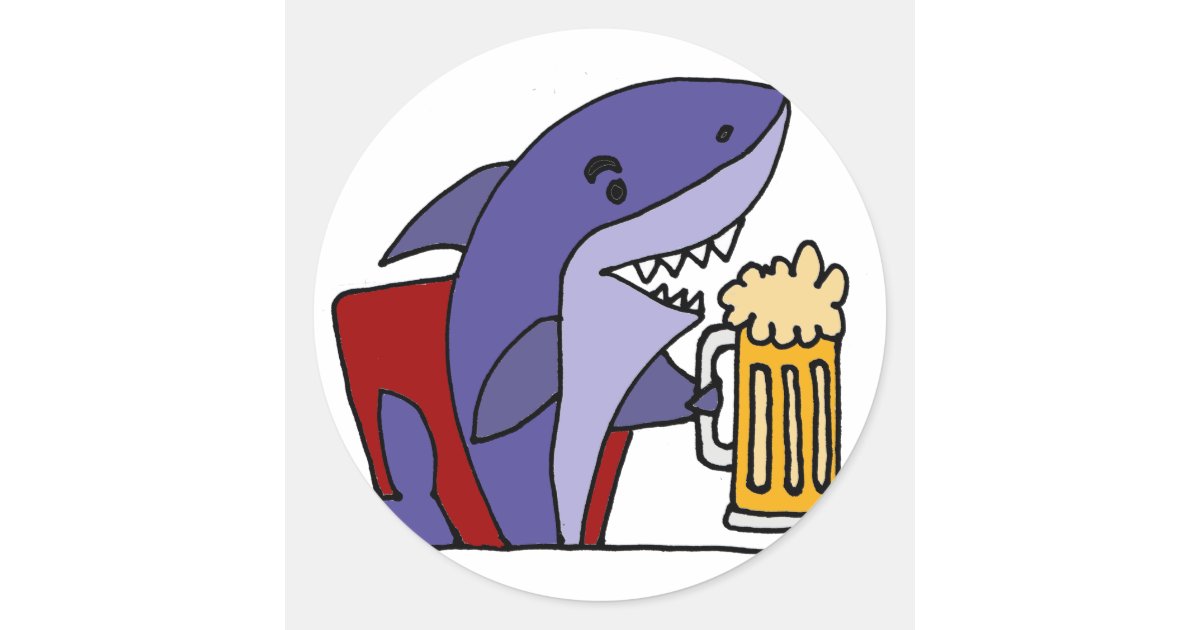 Funny Shark Drinking Beer Classic Round Sticker | Zazzle