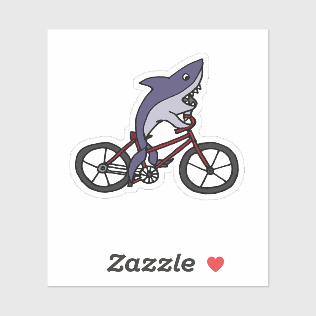 Funny Shark Riding Bicycle Cartoon Sticker | Zazzle