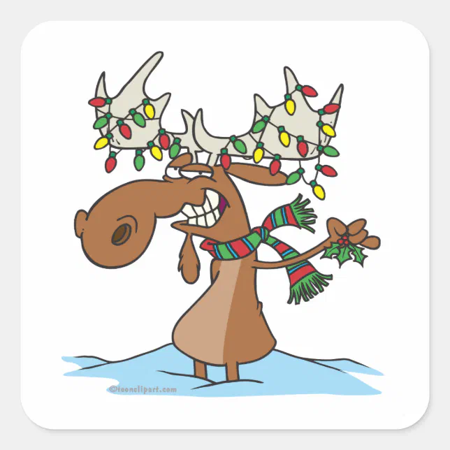 funny silly christmas moose cartoon square sticker | Zazzle