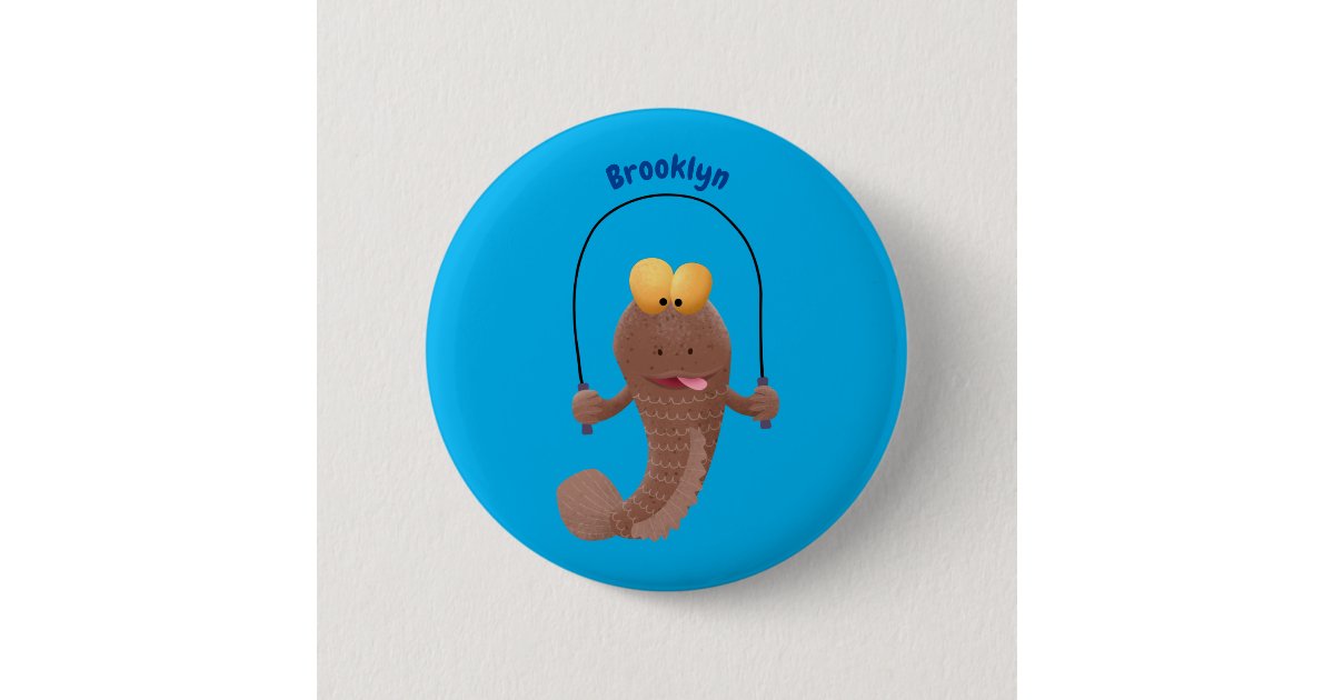 Funny skipping mudskipper fish cartoon button | Zazzle