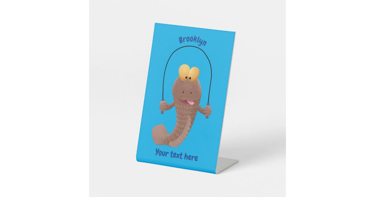Funny skipping mudskipper fish cartoon pedestal sign | Zazzle