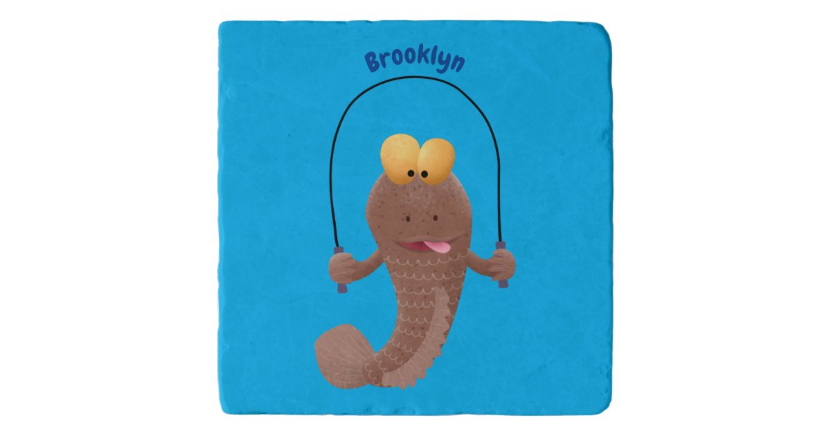 Funny skipping mudskipper fish cartoon trivet | Zazzle