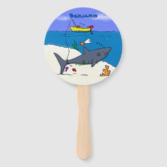 Funny sleeping shark and fishing cartoon hand fan | Zazzle