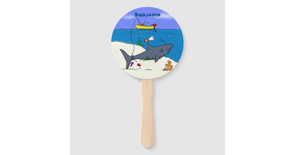 Funny sleeping shark and fishing cartoon hand fan | Zazzle