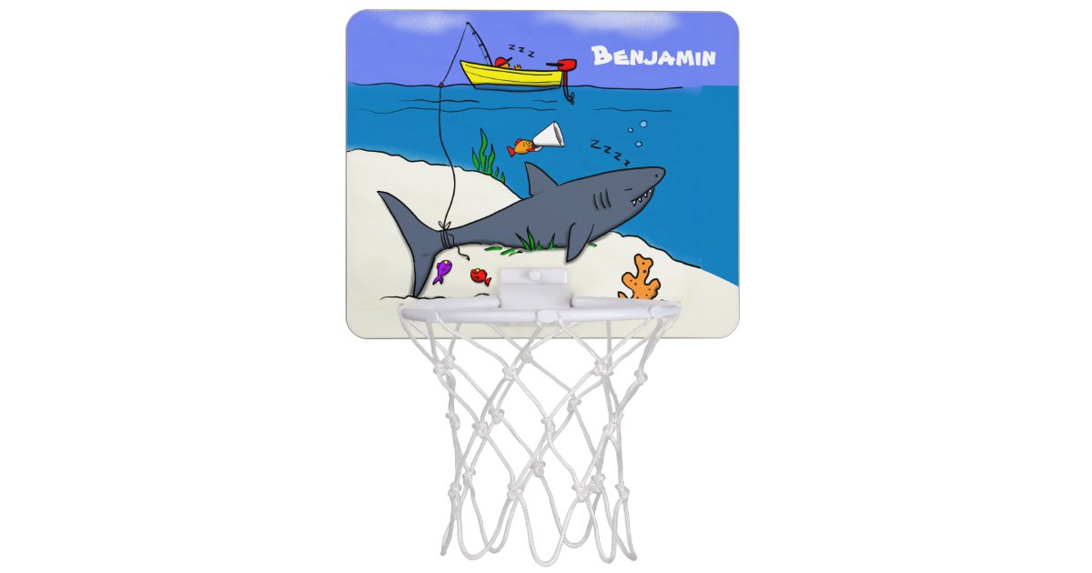 Funny sleeping shark and fishing cartoon mini basketball hoop | Zazzle