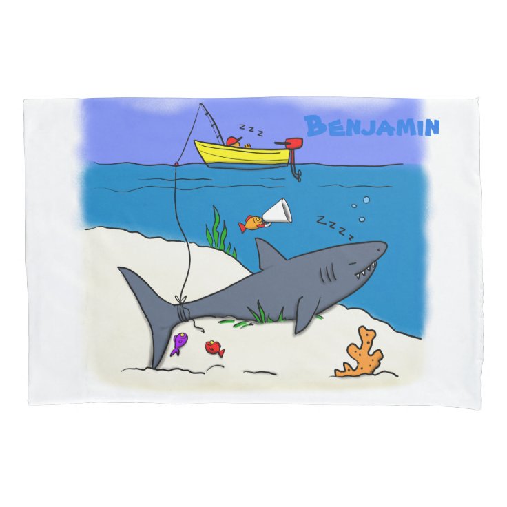 Funny sleeping shark and fishing cartoon pillow case | Zazzle