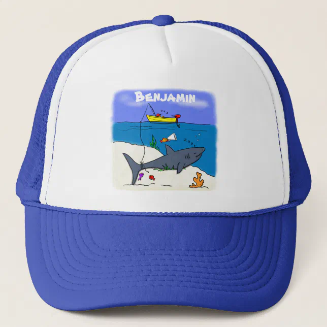 Funny sleeping shark and fishing cartoon trucker hat | Zazzle