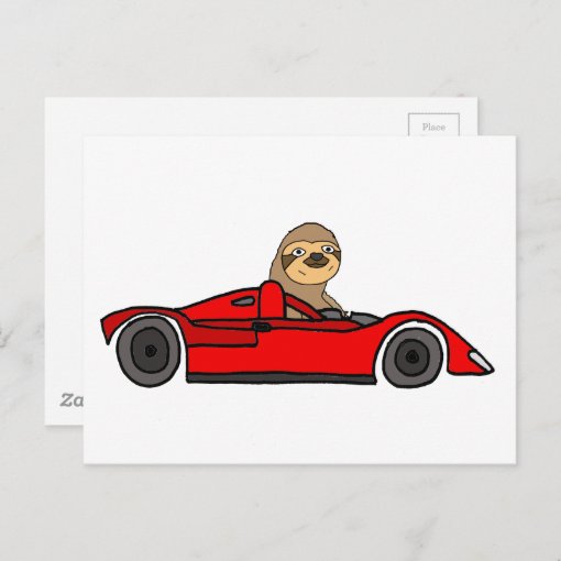 Funny Sloth Driving Race Car Cartoon Postcard | Zazzle