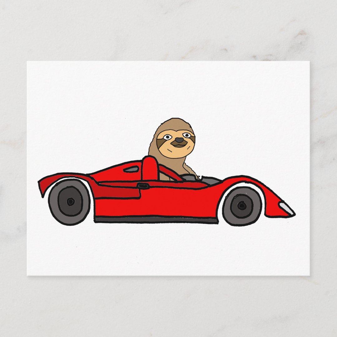 Funny Sloth Driving Race Car Cartoon Postcard | Zazzle