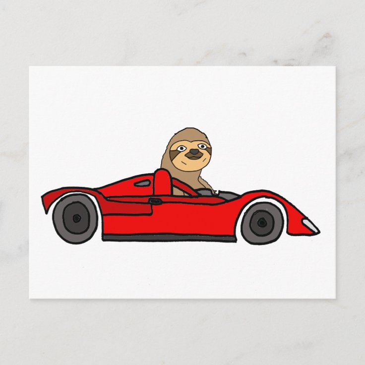 Funny Sloth Driving Race Car Cartoon Postcard | Zazzle