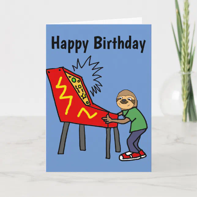 Funny Sloth Playing Pinball Cartoon Card | Zazzle