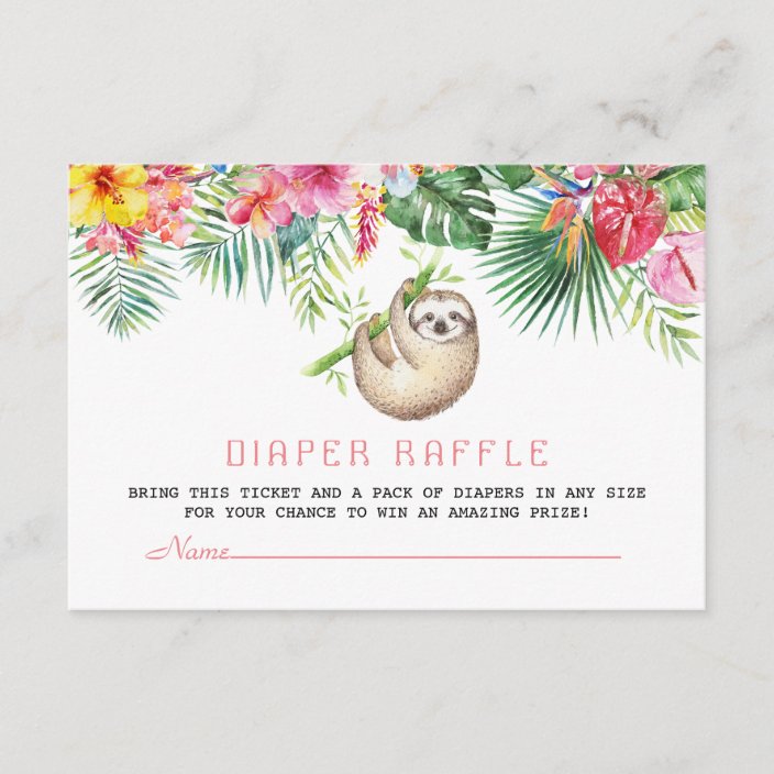 Funny Sloth Tropical Flowers Frame Diaper Raffle Enclosure Card ...