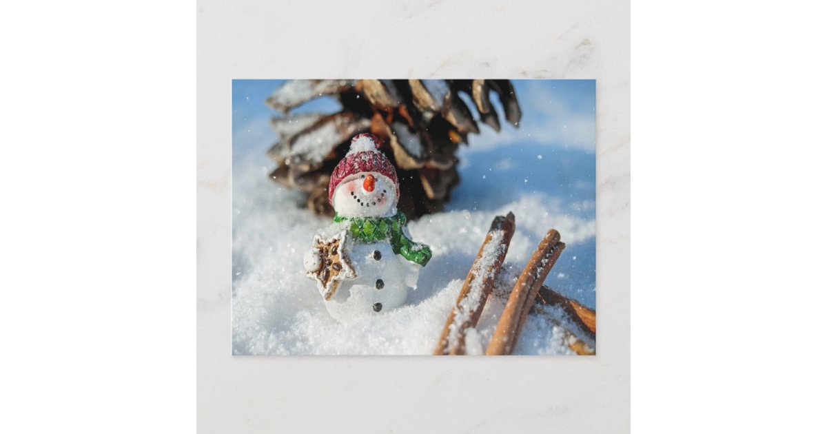 Funny snowman eating treats postcard | Zazzle