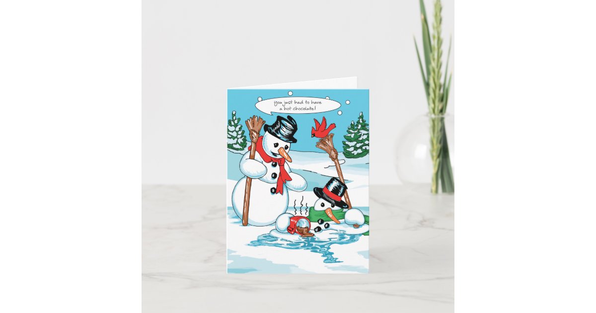 Funny Snowman with Hot Chocolate Cartoon Holiday Card | Zazzle