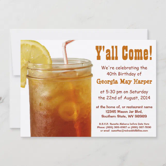Funny Southern Sweet Tea Birthday Party Invitation | Zazzle
