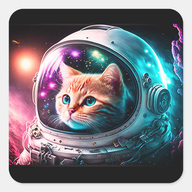 Funny Space Cat Astronaut Kitty Galaxy Universe Square Sticker | Zazzle