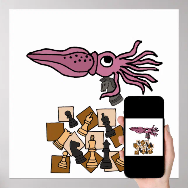 Funny Squid Playing Chess Game Cartoon Poster | Zazzle