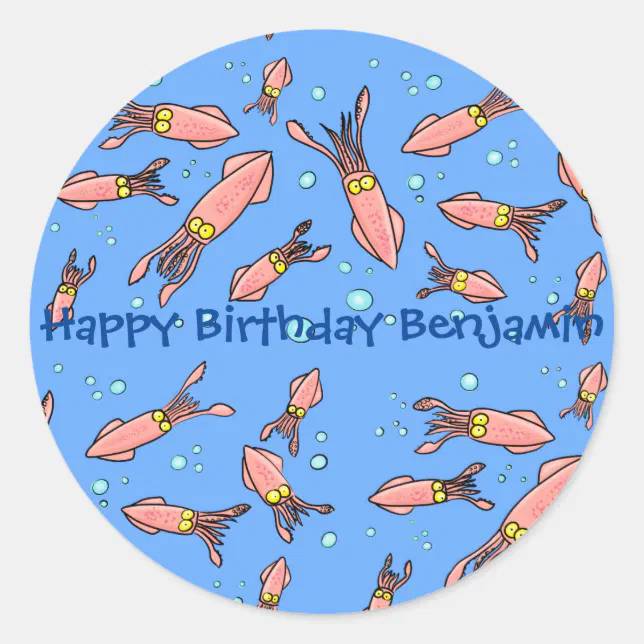 Funny squid school with bubbles cartoon classic round sticker | Zazzle
