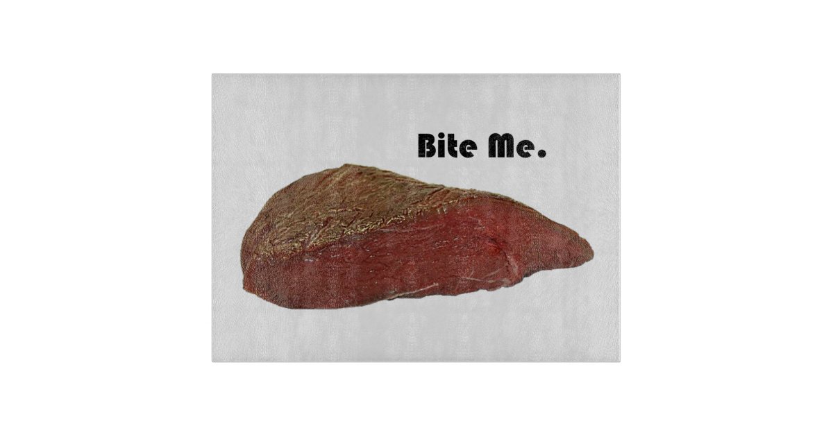 Funny Steak Cartoon, “Bite Me” Meat Pun Design Cutting Board | Zazzle