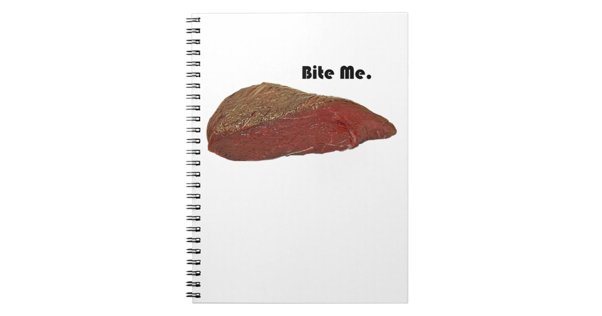 Funny Steak Cartoon, “Bite Me” Meat Pun Design Notebook | Zazzle