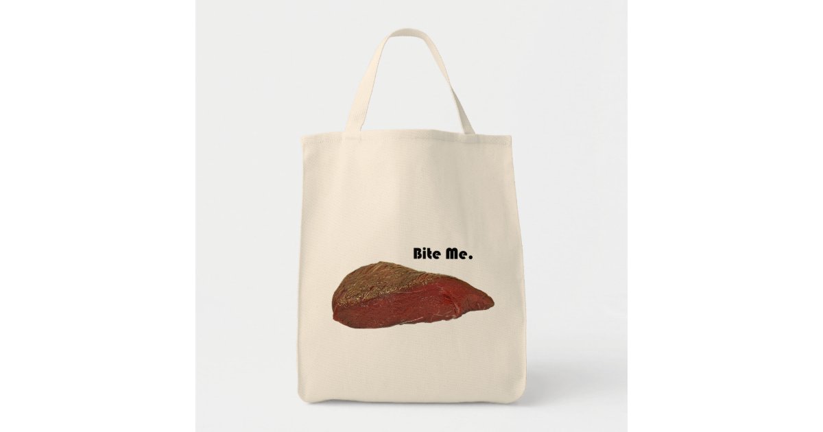 Funny Steak Cartoon, “Bite Me” Meat Pun Design Tote Bag | Zazzle