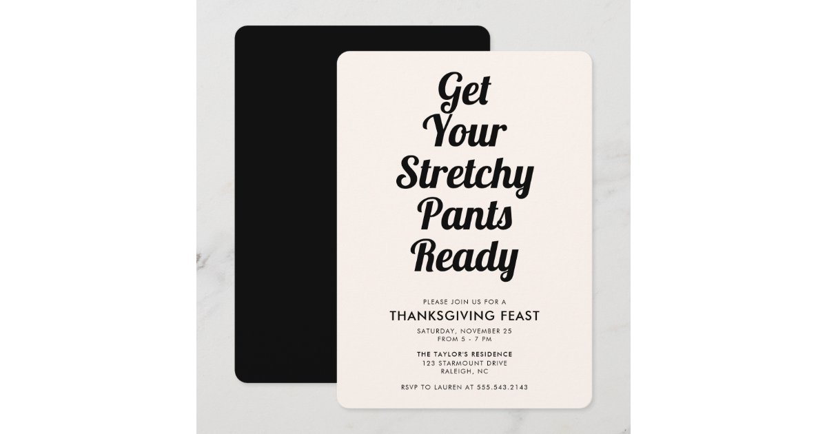 Funny Stretchy Pants Thanksgiving Dinner Black Invitation | Zazzle