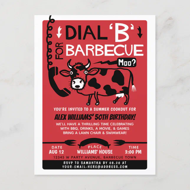 Funny Summer Barbecue Cookout | Retro 60s BBQ Cow Invitation Postcard ...