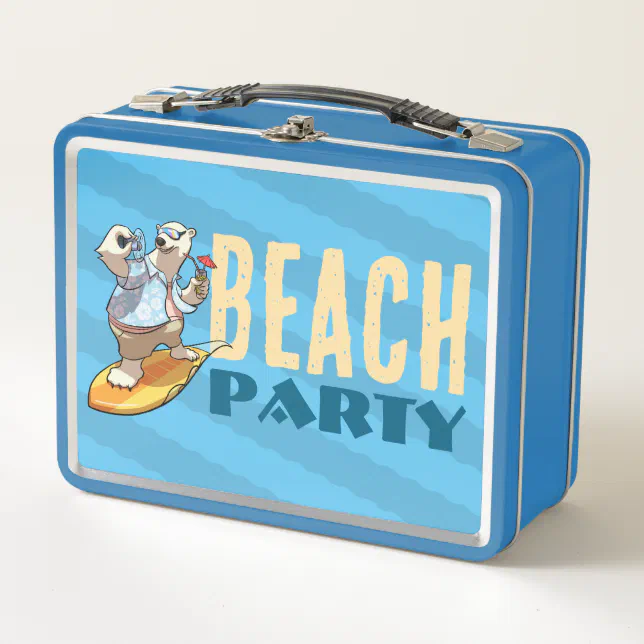 Funny Surfing Polar Bear Beach Party Cartoon Metal Lunch Box | Zazzle