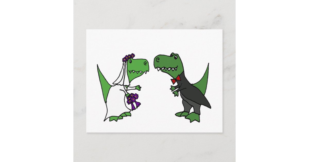 Funny T-rex Dinosaur Bride and Groom Wedding Art Postcard | Zazzle