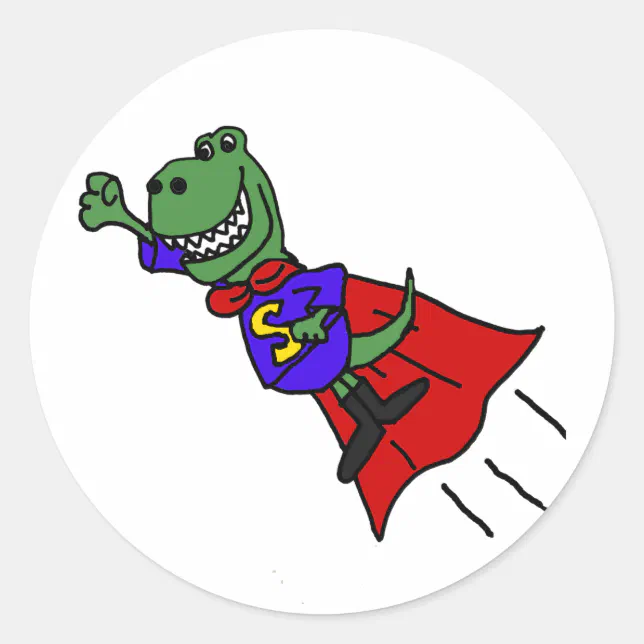 Funny T-rex Dinosaur Flying Superhero Classic Round Sticker | Zazzle