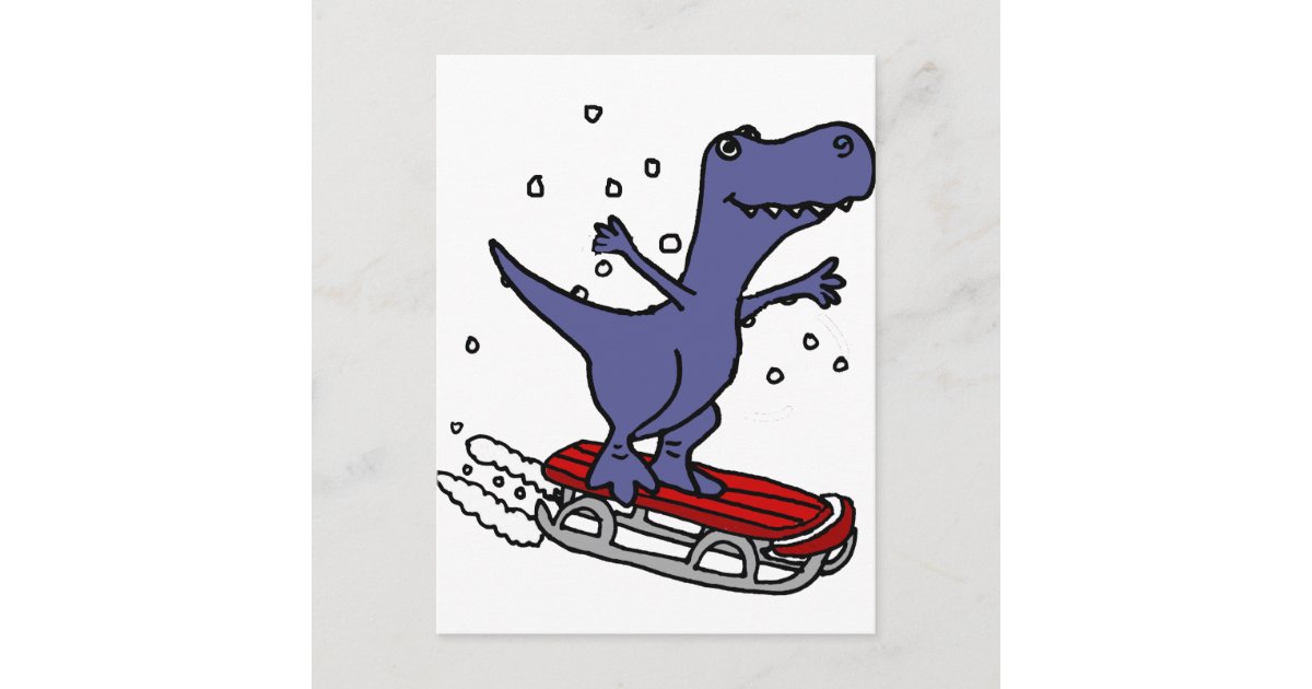 Funny T-rex Dinosaur Sledding Cartoon Postcard | Zazzle