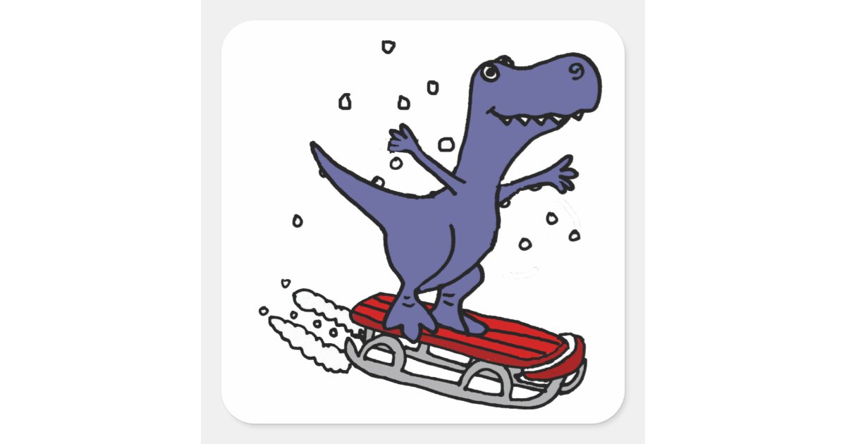 Funny T-rex Dinosaur Sledding Cartoon Square Sticker | Zazzle