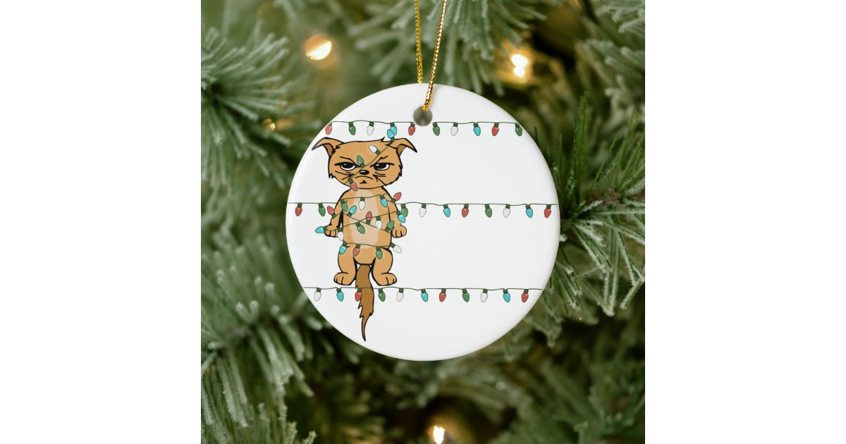 Funny Tangled Grumpy Holiday Cat Christmas Tree Ceramic Ornament | Zazzle