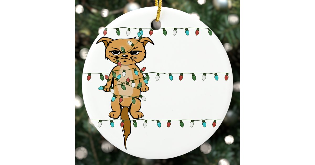 Funny Tangled Grumpy Holiday Cat Christmas Tree Ceramic Ornament | Zazzle