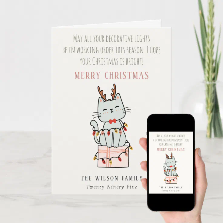 Funny Tangled Working Christmas Lights Cat Gift Holiday Card | Zazzle