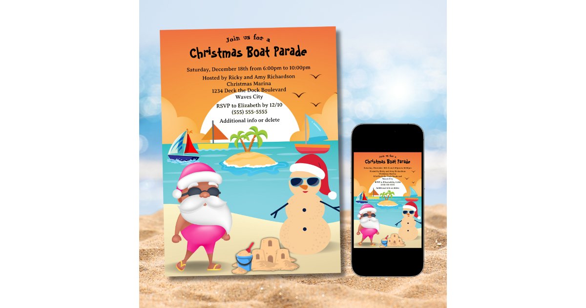 Funny Tanned Santa Beach Christmas Boat Parade Invitation | Zazzle