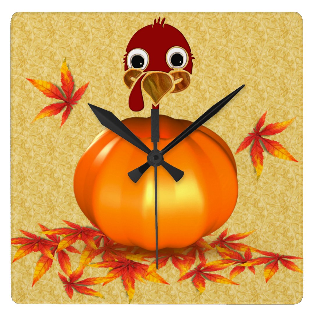 Funny Thanksgiving Turkey in Pumpkin Square Wall Clock | Zazzle