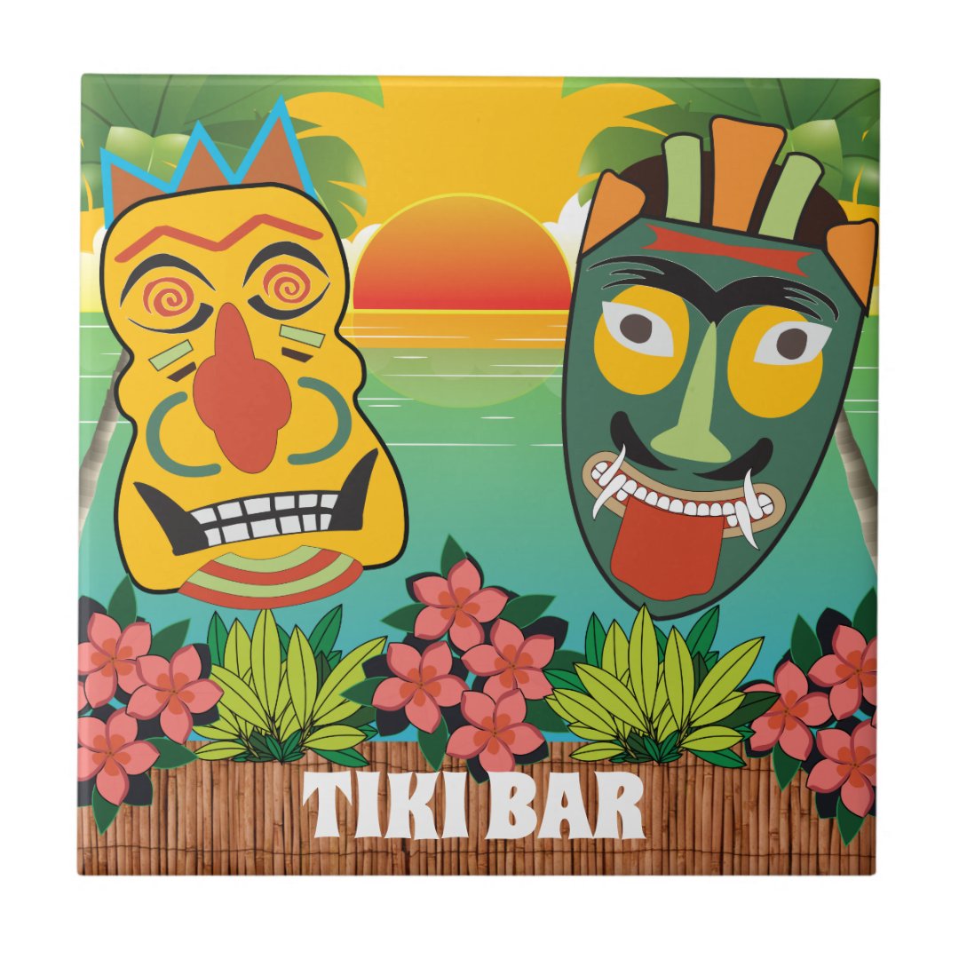Funny Tiki Faces with tropical sunset Ceramic Tile | Zazzle
