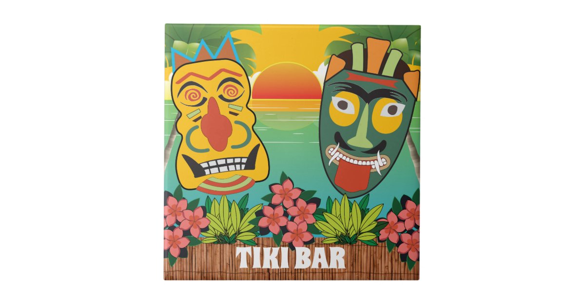 Funny Tiki Faces with tropical sunset Ceramic Tile | Zazzle