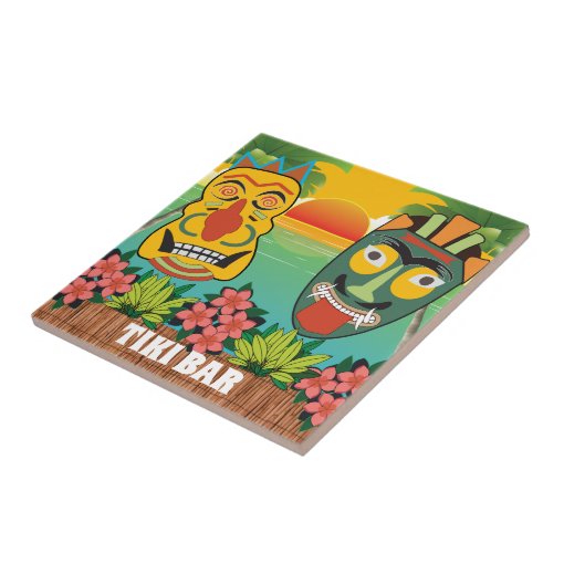 Funny Tiki Faces with tropical sunset Ceramic Tile | Zazzle